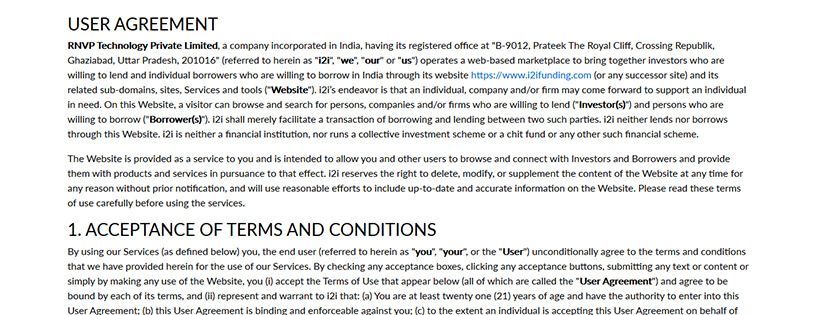Terms and Conditions for i2iFunding Users | User Agreement RNVP ...